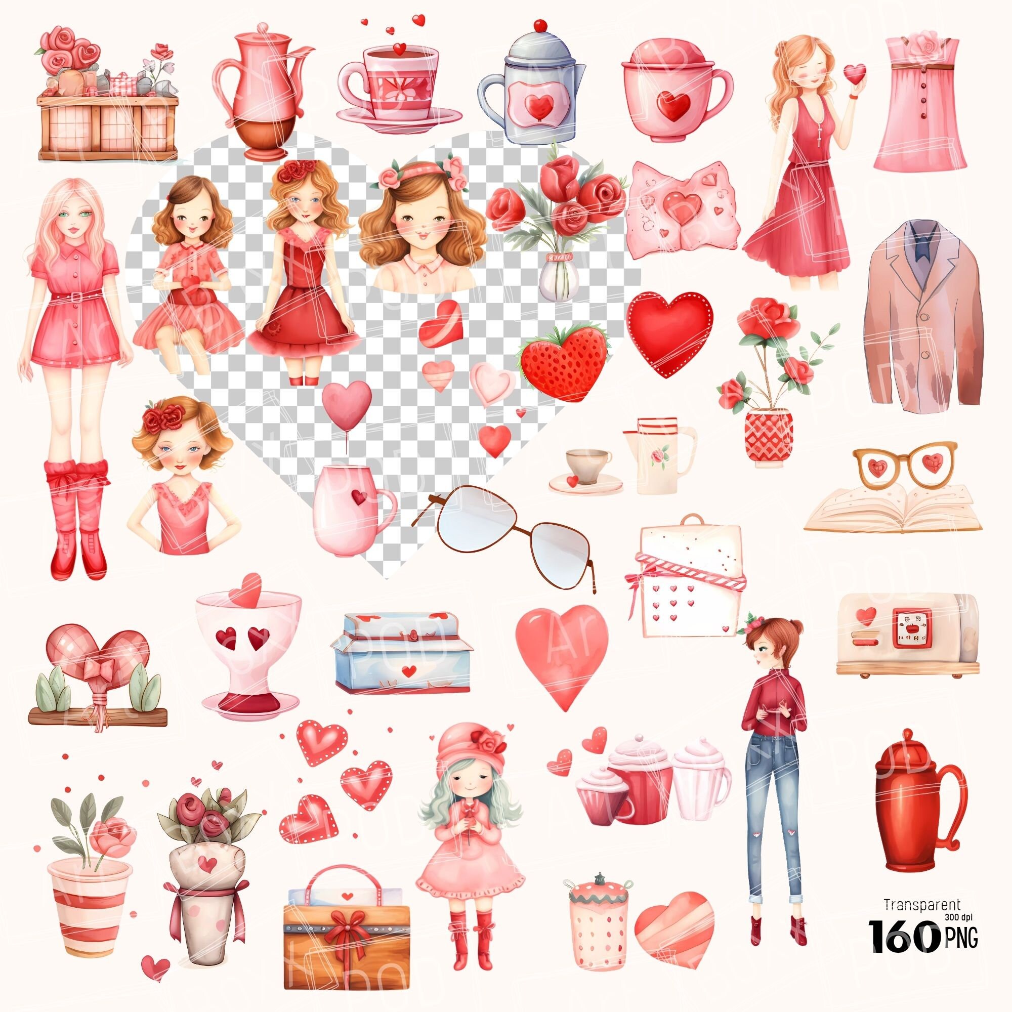 Valentines PNG, Valentine Clipart Bundle, Pink Floral Valentine Cute ...