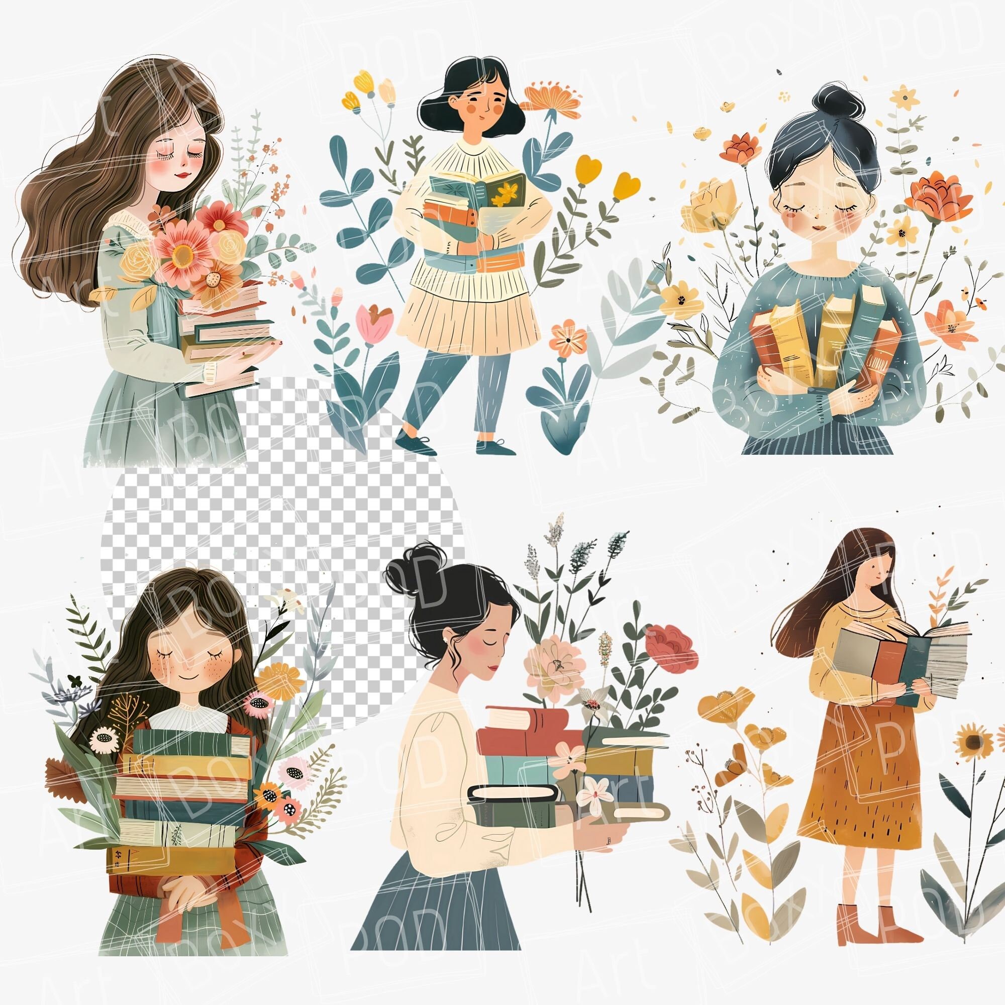 Girl PNG, Watercolor Girls With Books and Coffee Digital Clipart ...