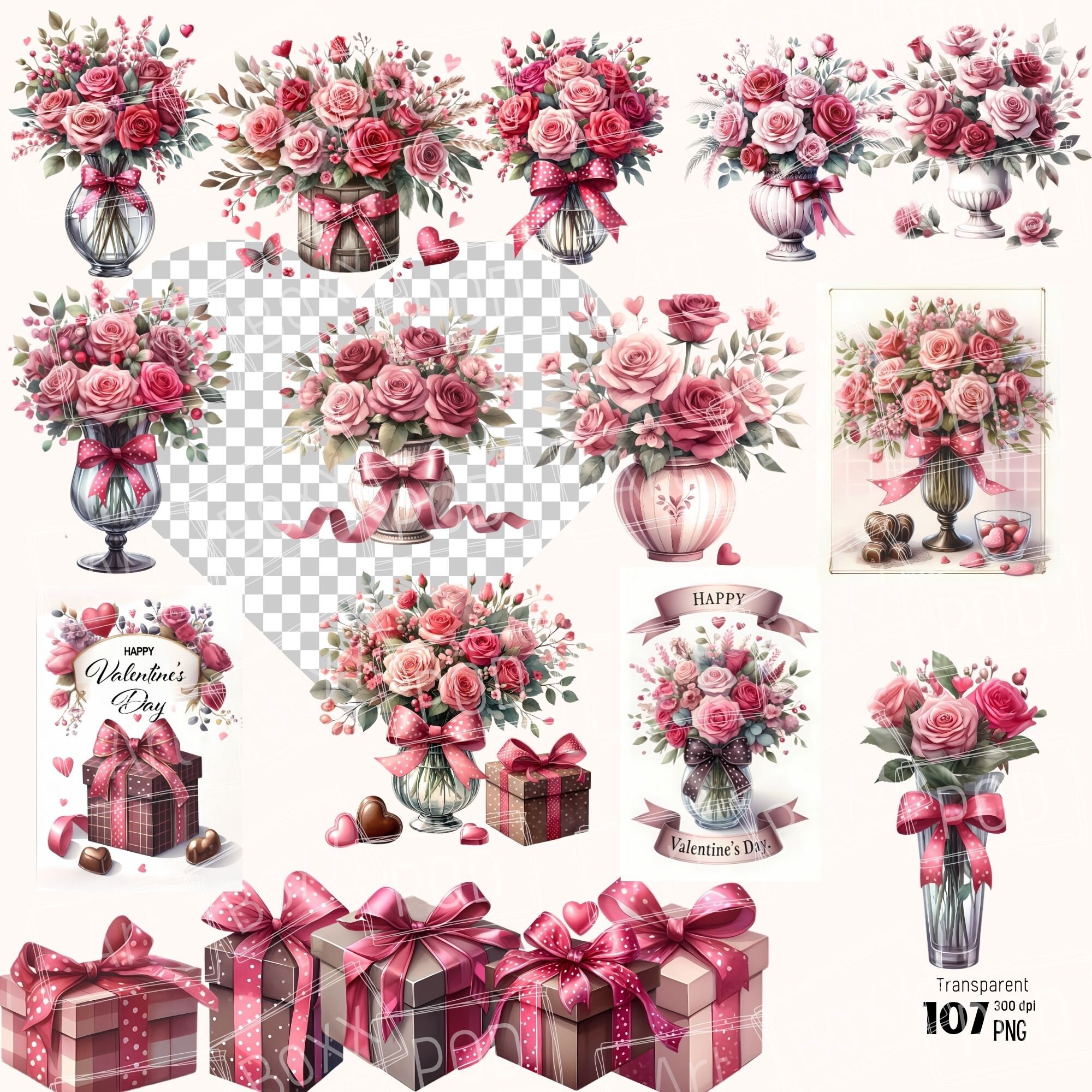 Valentines Clipart Bundle, Valentine PNG Bundle , Pink Rose, Pink ...