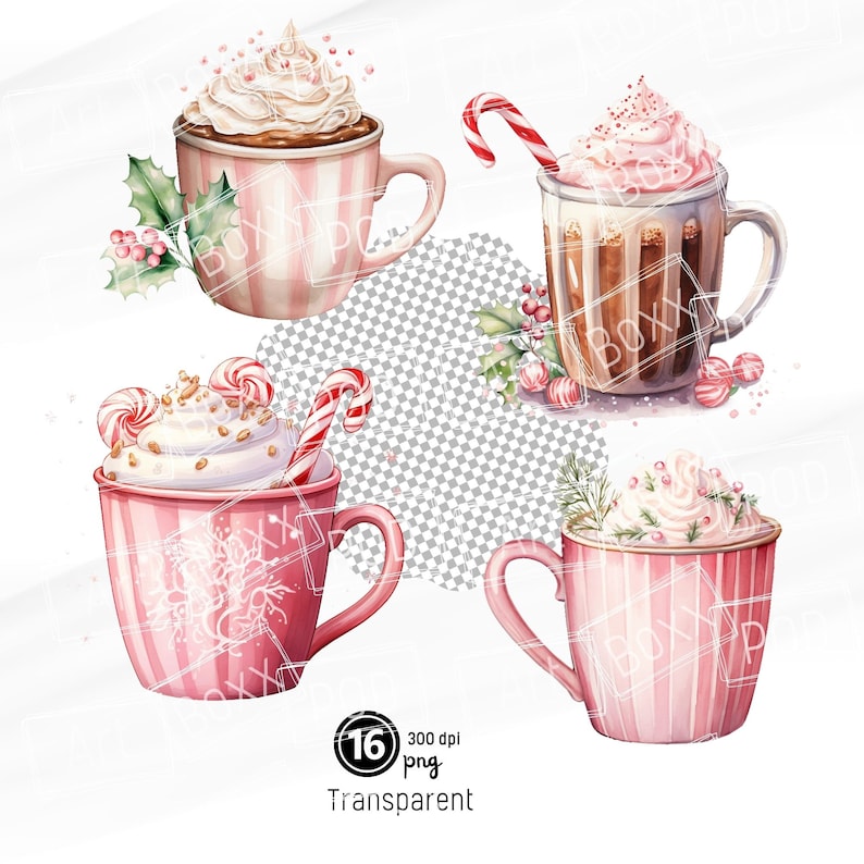 Christmas Clipart, Hot Cocoa PNG, Pink Christmas PNG Watercolor Clipart ...