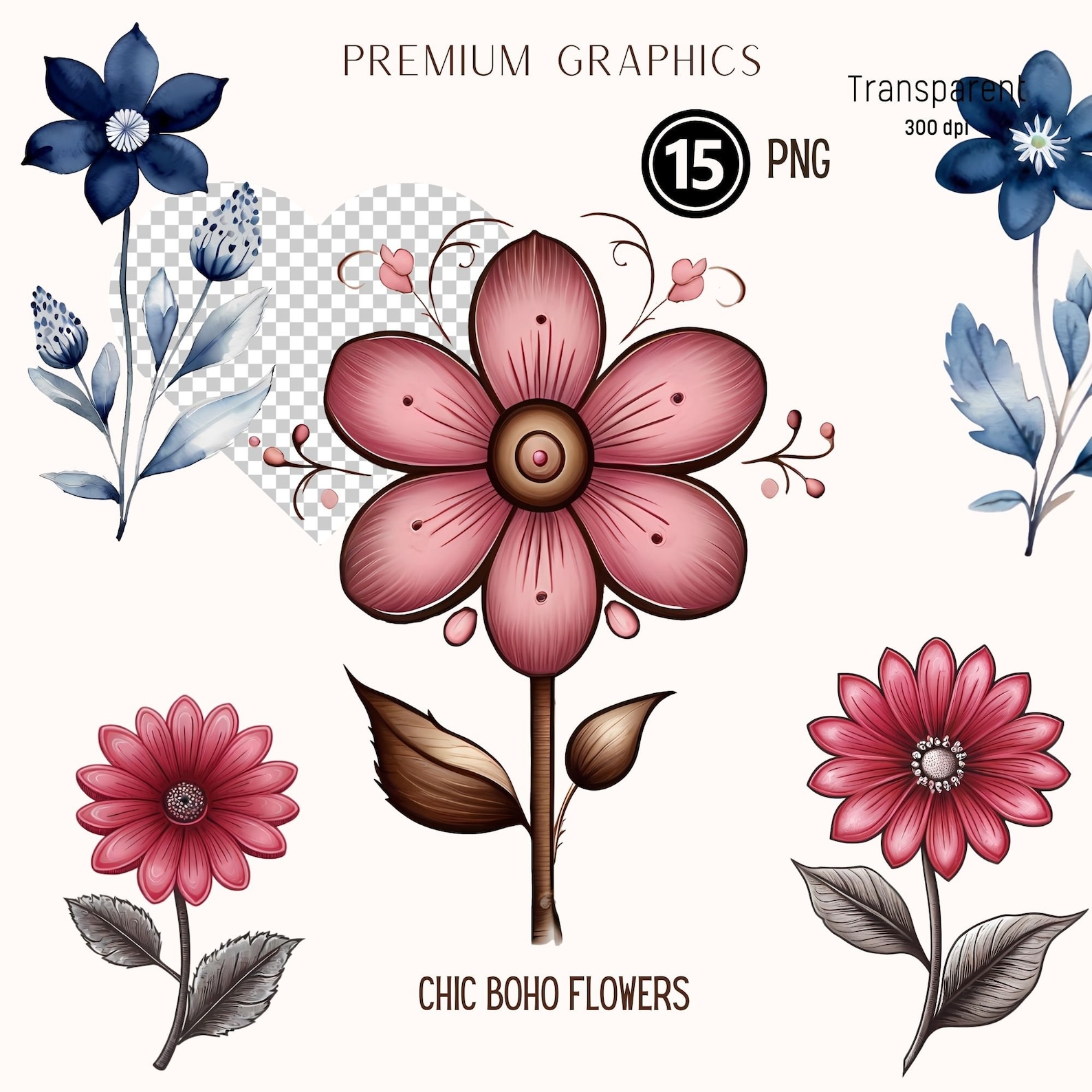 Boho Chic Flowers PNG Clipart, Spring Flowers PNG, Botanical Boho ...