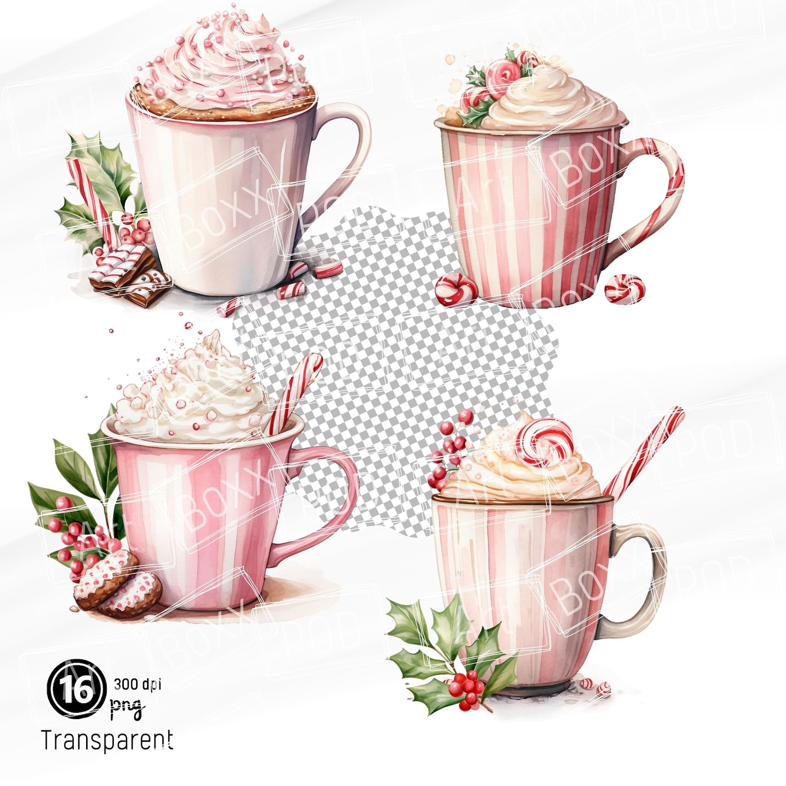 Christmas Clipart, Hot Cocoa PNG, Pink Christmas PNG Watercolor Clipart ...