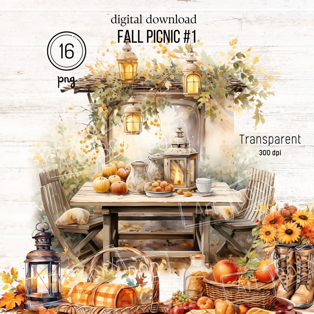 Fall PNG, Fall Picnic PNG V1, Watercolor Clipart, for Stationery, Thank ...