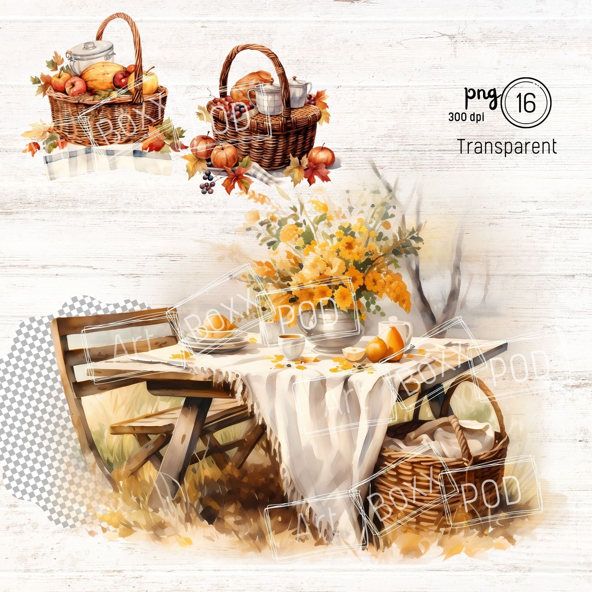 Fall PNG, Fall Picnic PNG V2, Watercolor Clipart, for Stationery, Thank ...