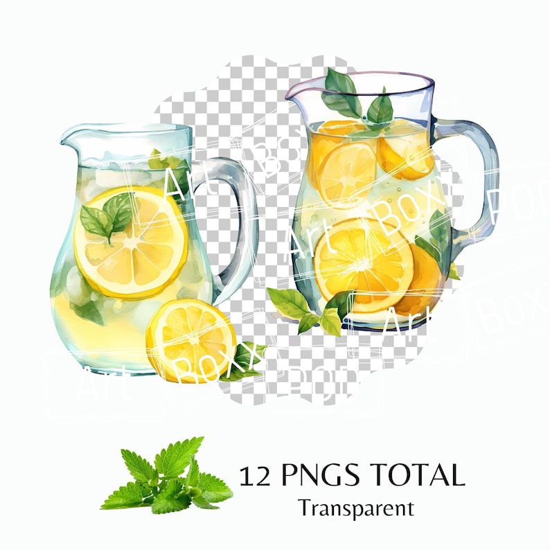 Lemonade Pitcher and Glass Printable Clipart, Watercolor PNG for ...