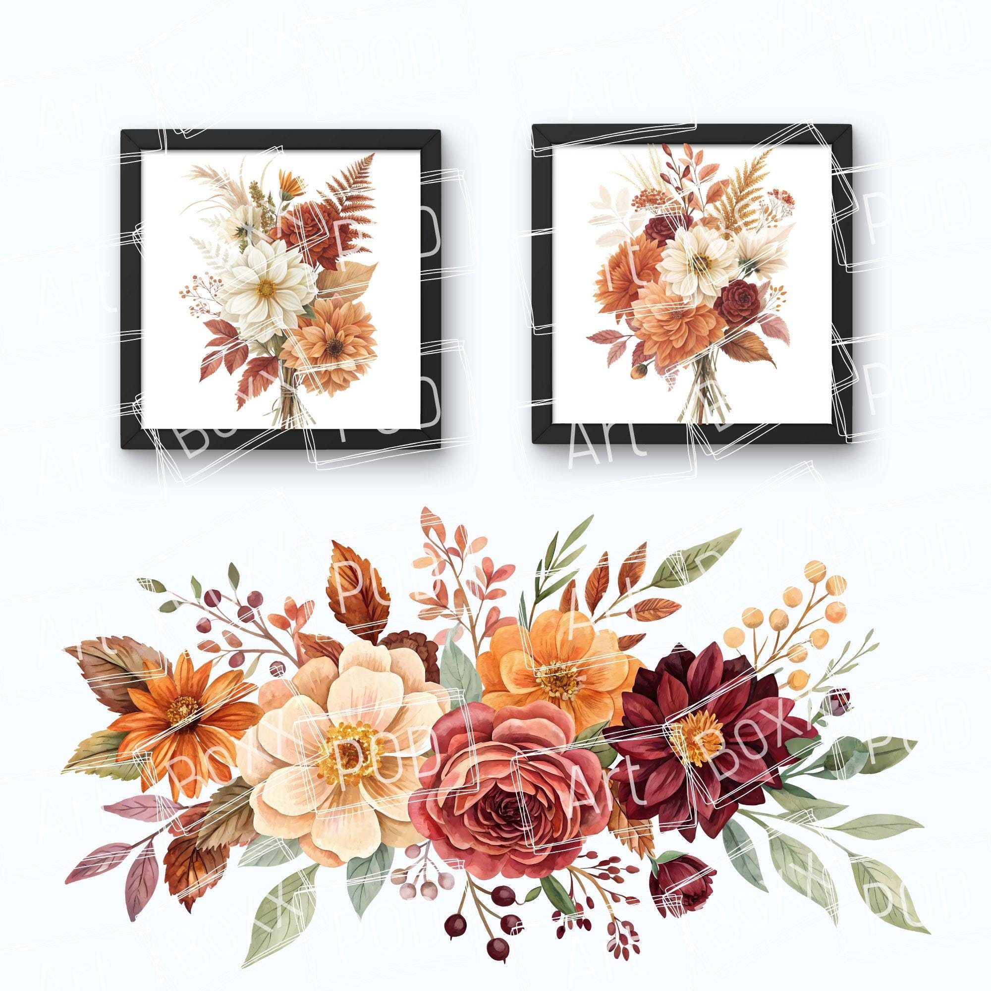 Fall Watercolor Clipart: Floral Borders, Bows (PNG Digital Download for ...