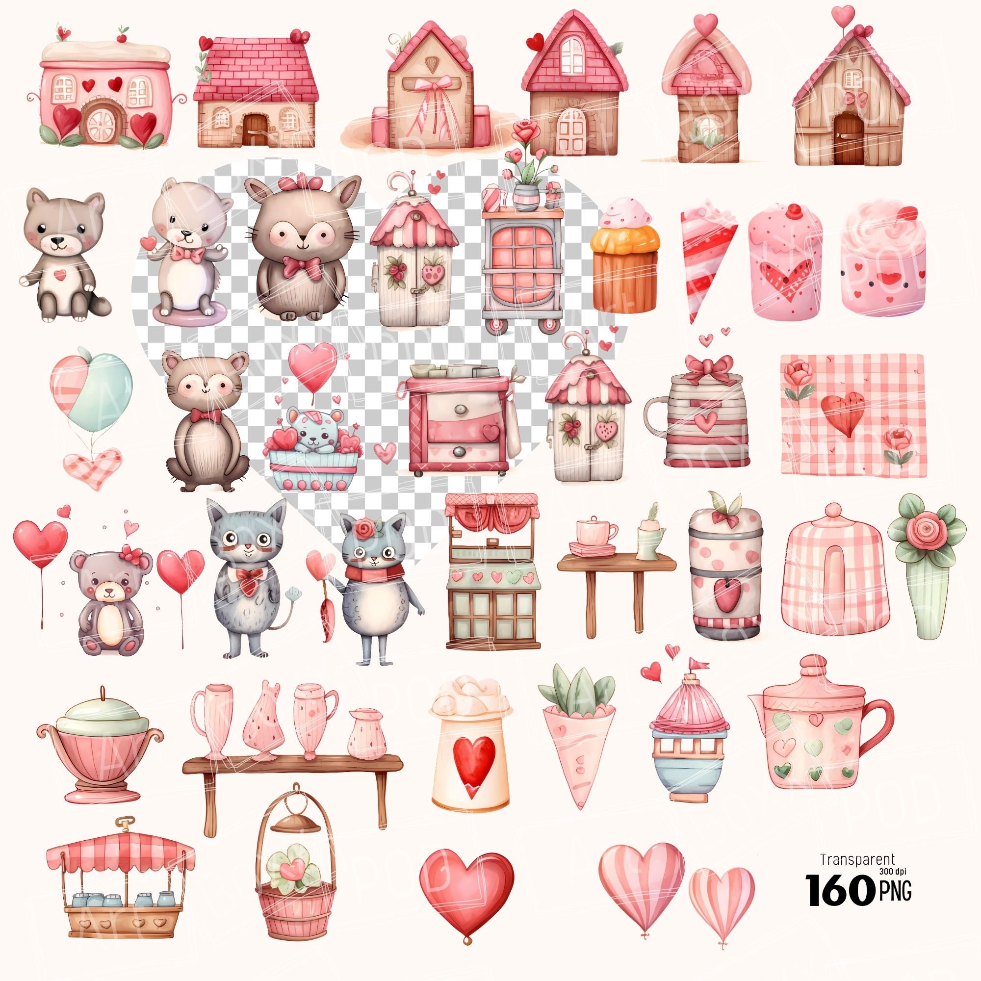 Valentines PNG, Valentine Clipart Bundle, Pink Floral Valentine Cute ...