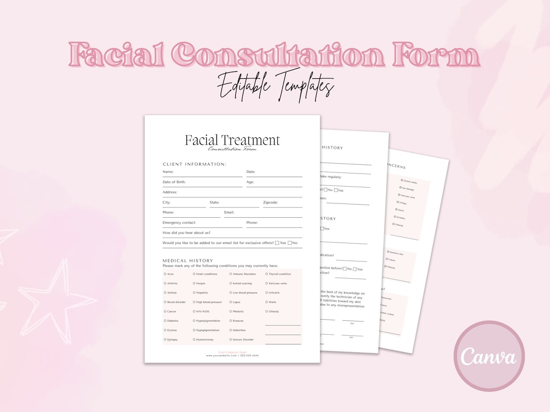 Facial Consultation Form for Estheticians and Beauty Salons, Client ...