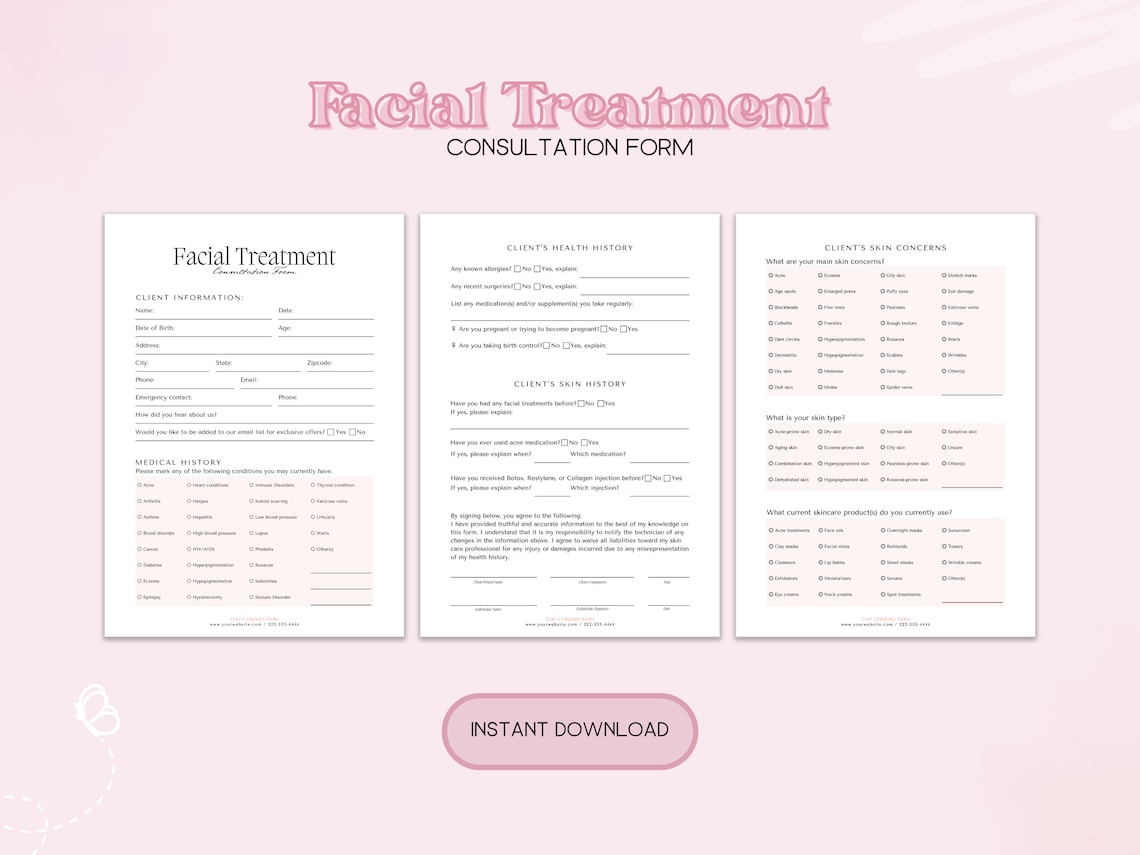 Facial Consultation Form for Estheticians and Beauty Salons, Client ...