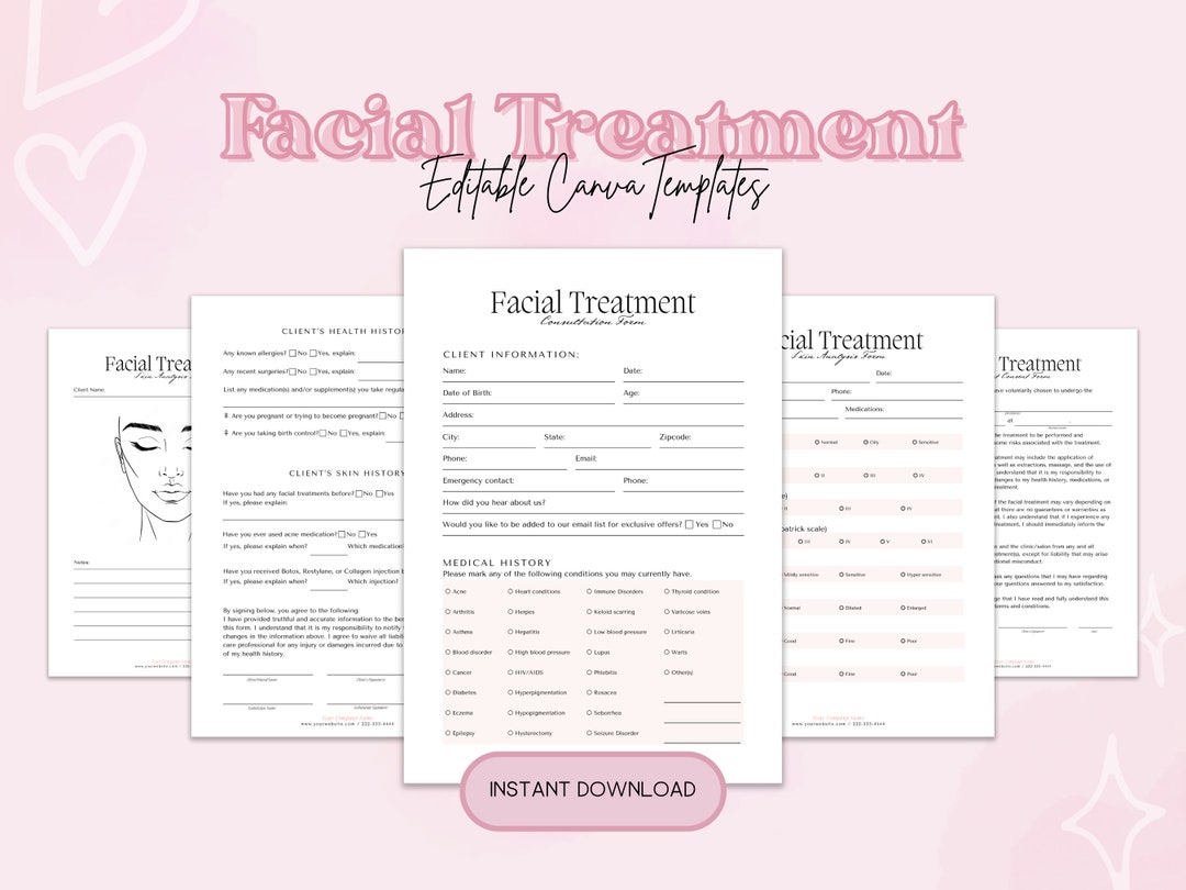 Facial Treatment Forms for Estheticians and Salons - Editable Custom ...