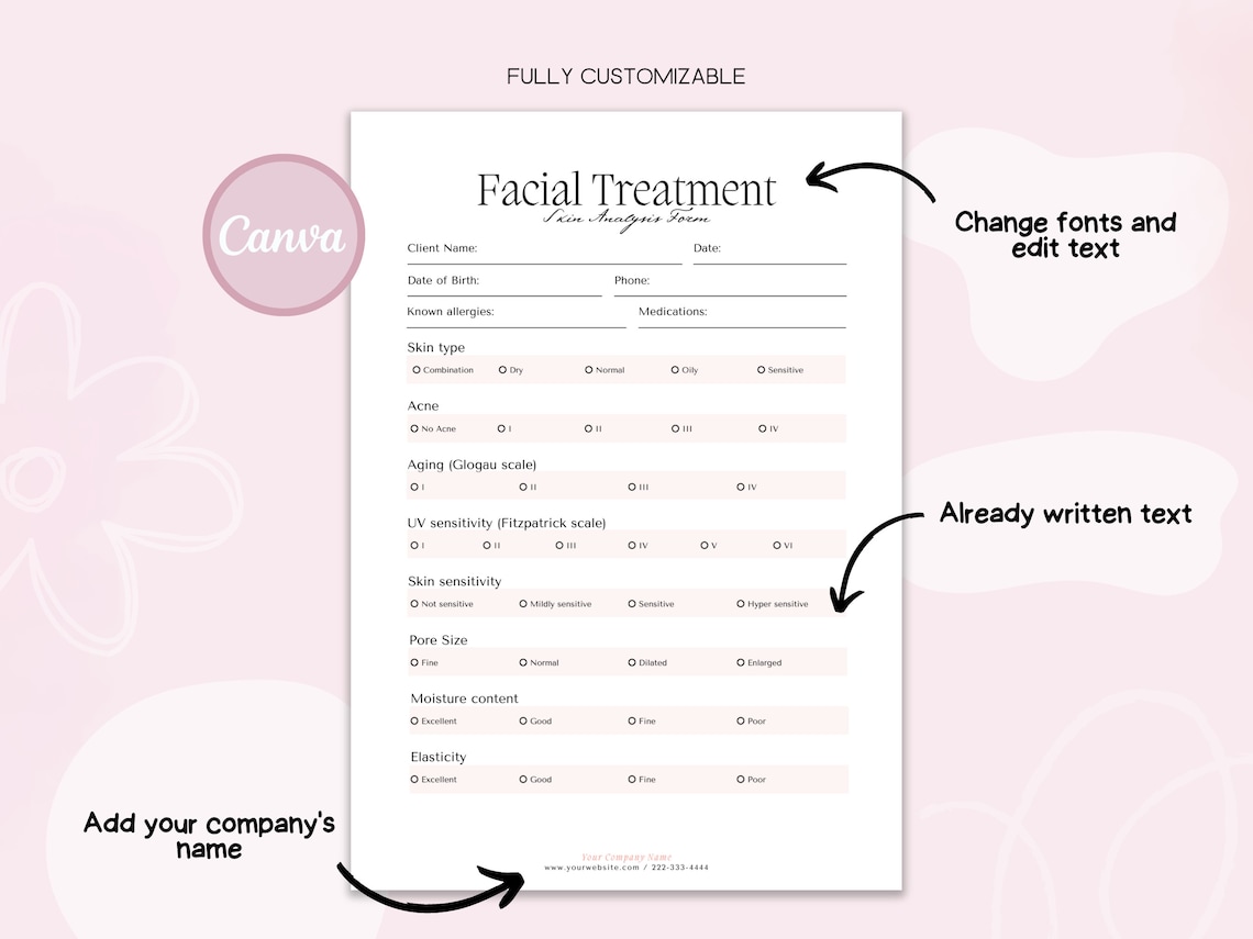 Facial Esthetician Treatment Record, Skin Analysis Forms for Beauty ...