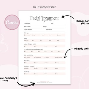 Facial Esthetician Treatment Record, Skin Analysis Forms for Beauty ...