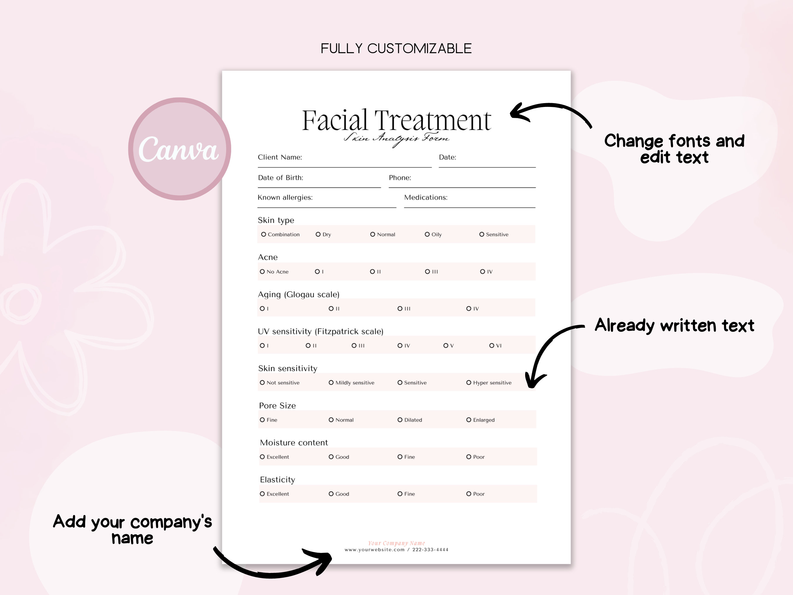 Facial Esthetician Treatment Record, Skin Analysis Forms for Beauty ...