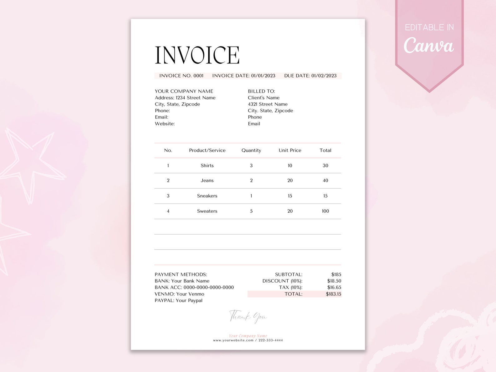 Invoice Template, Small Business Editable Invoice Form, Modern ...