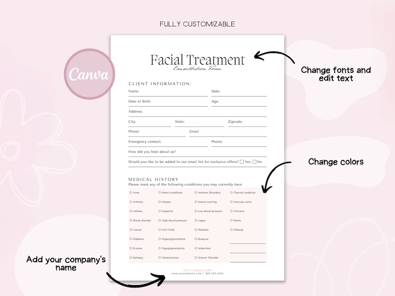 Facial Consultation Form for Estheticians and Beauty Salons, Client ...