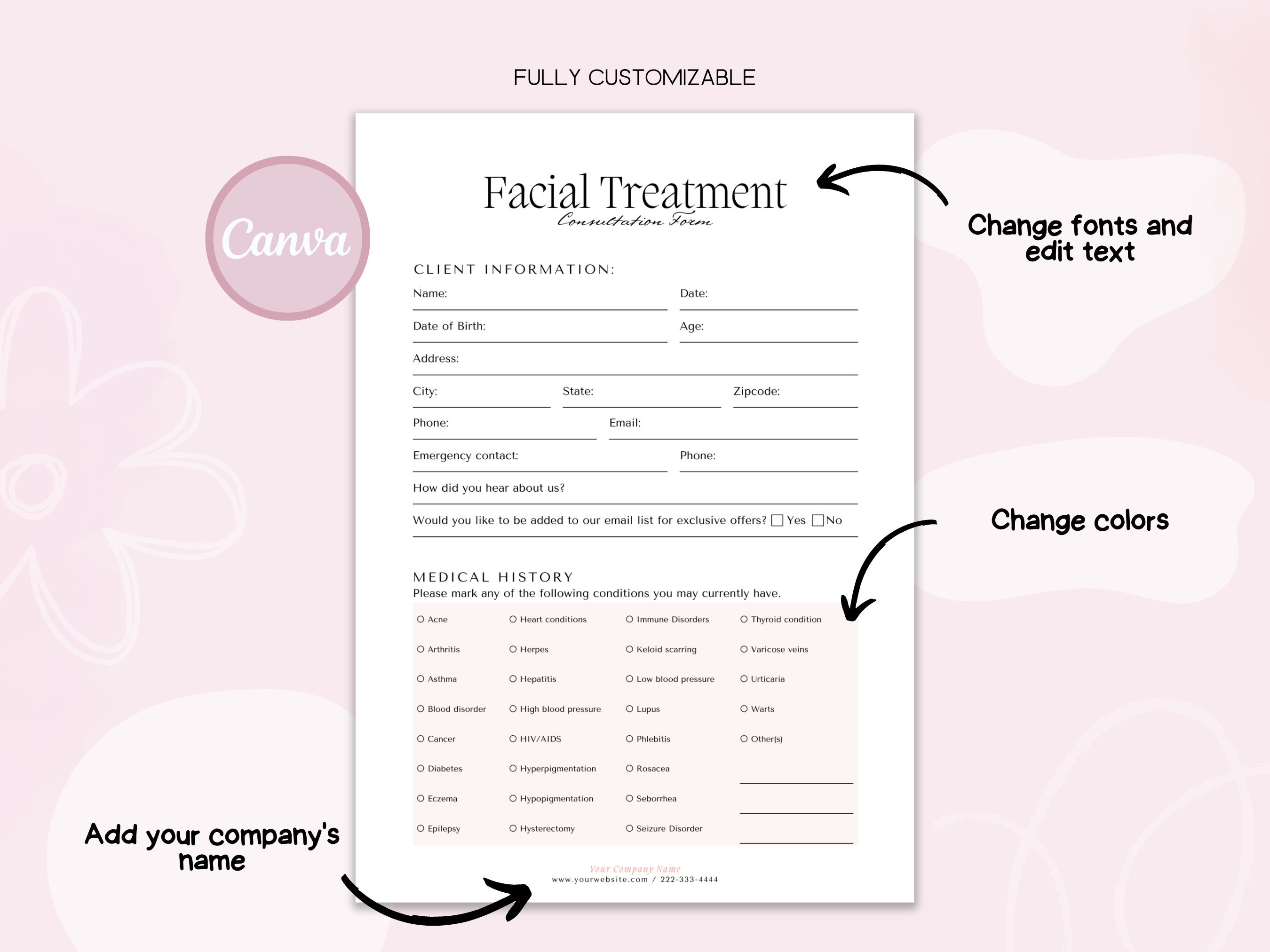 Facial Consultation Form for Estheticians and Beauty Salons, Client ...