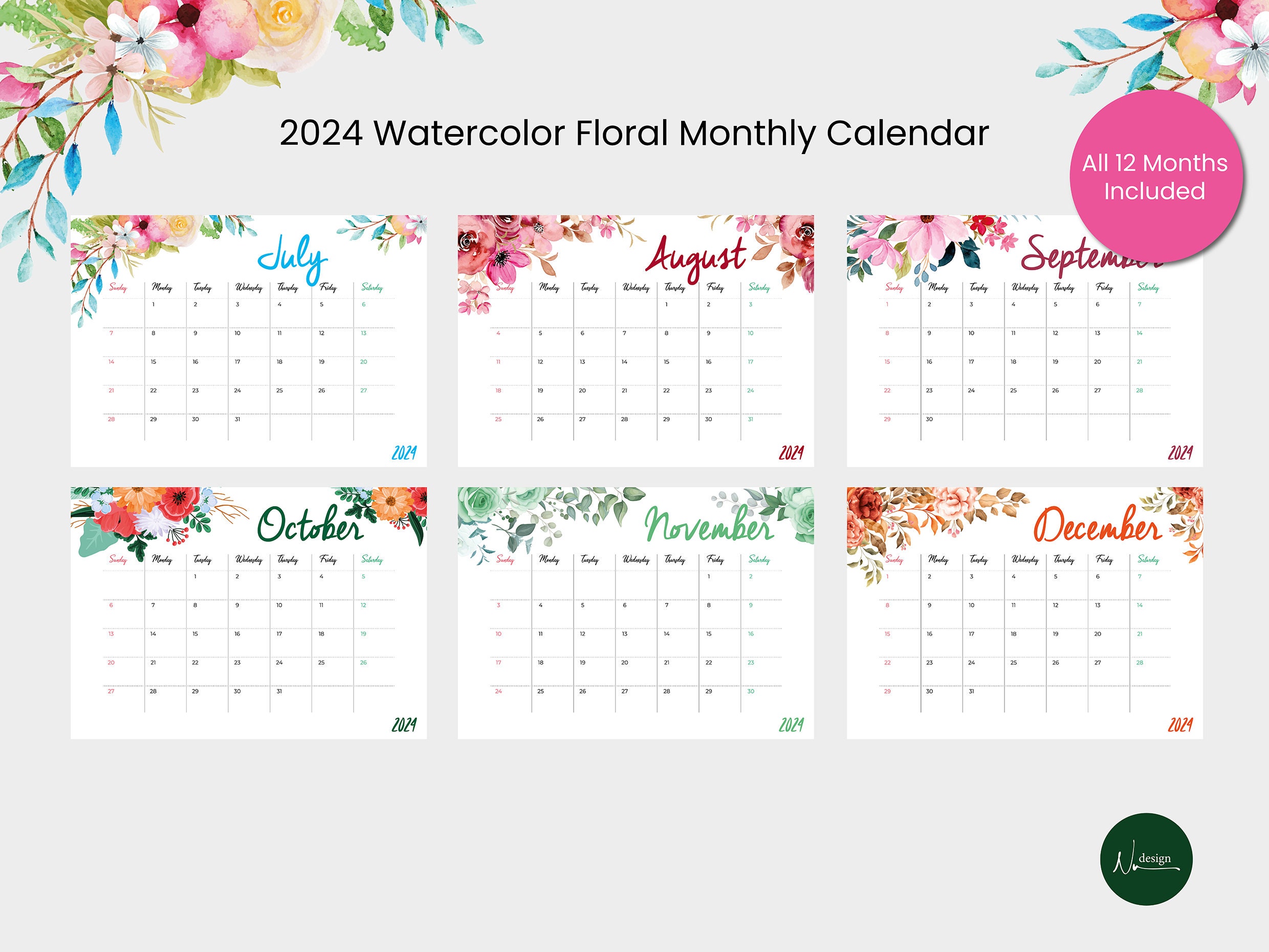 2024 Watercolor Floral Calendar | Printable Landscape | US Letter & A4 ...