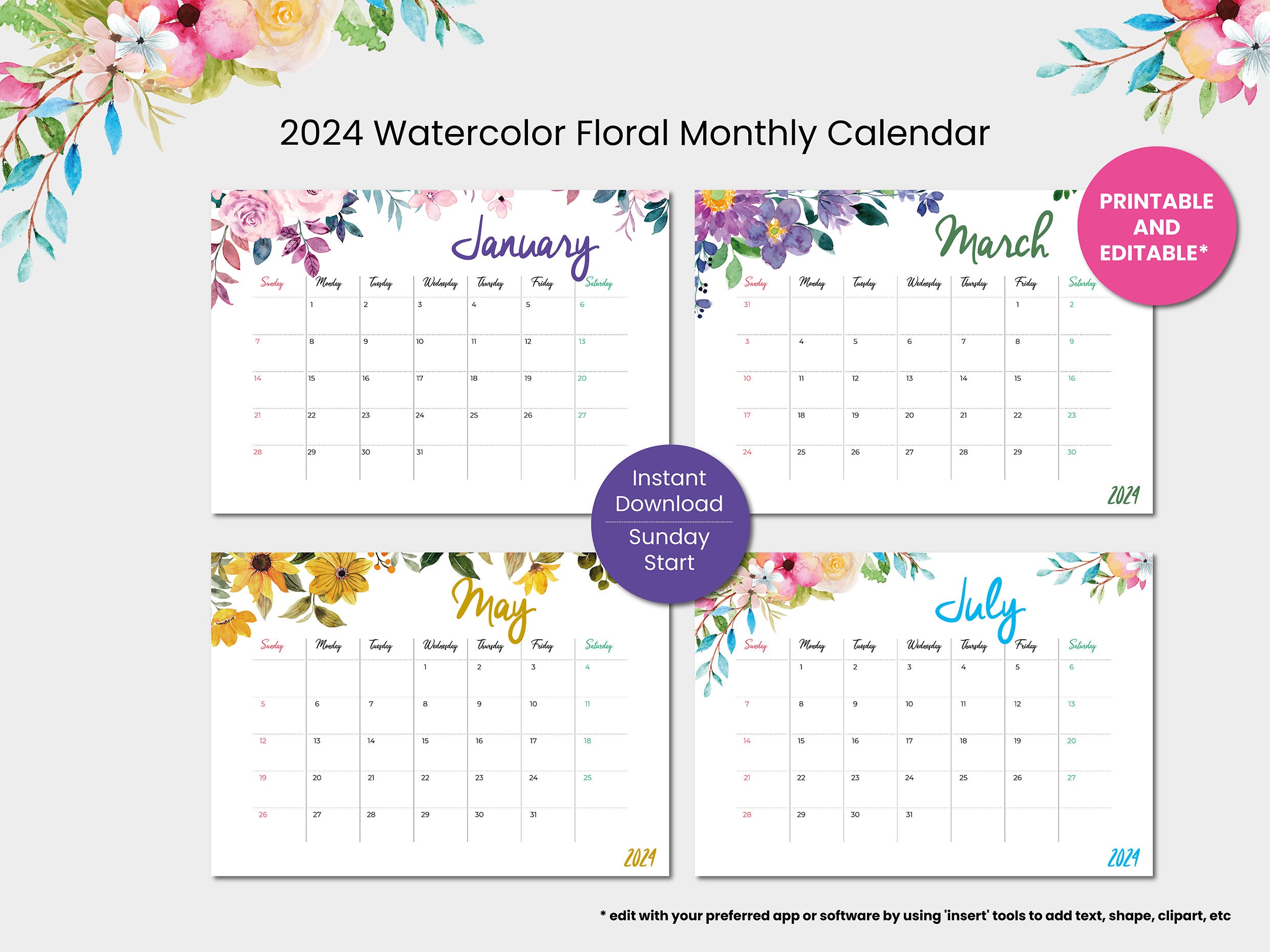 2024 Watercolor Floral Calendar | Printable Landscape | US Letter & A4 ...