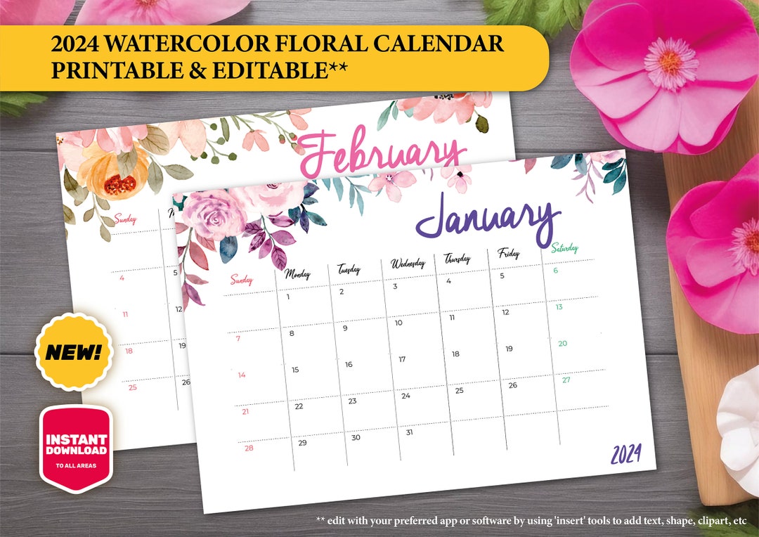 2024 Watercolor Floral Calendar | Printable Landscape | US Letter & A4 ...