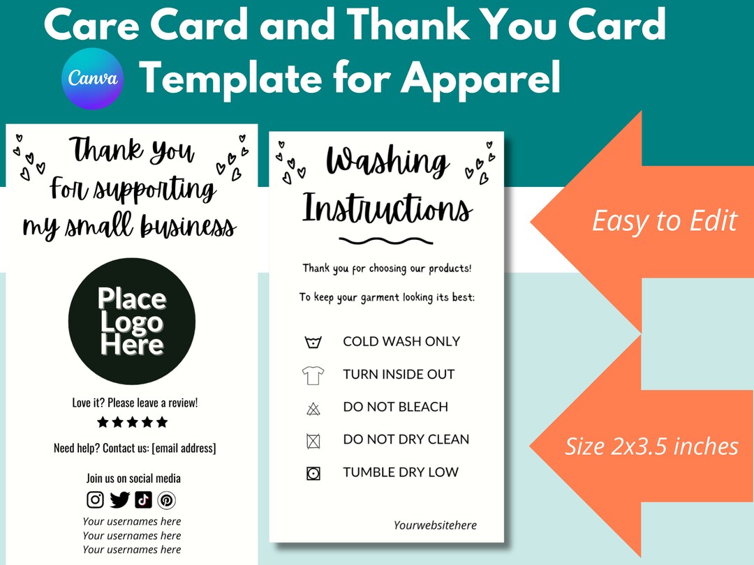 Printable Clothing Care Cards Customizable Washing - Etsy