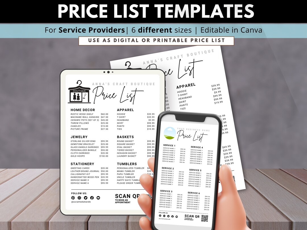 6 Canva templates for printable or digital pricing sheet, for product ...