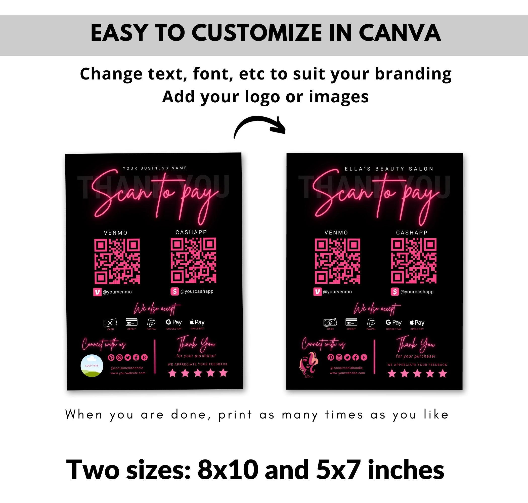 Editable Scan to Pay Signs for Cash App and Venmo QR Code Payments ...