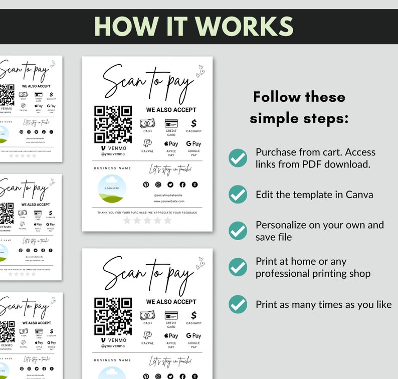 Scan to Pay Sign | QR Code Payment Canva Template for Cash App, Paypal ...