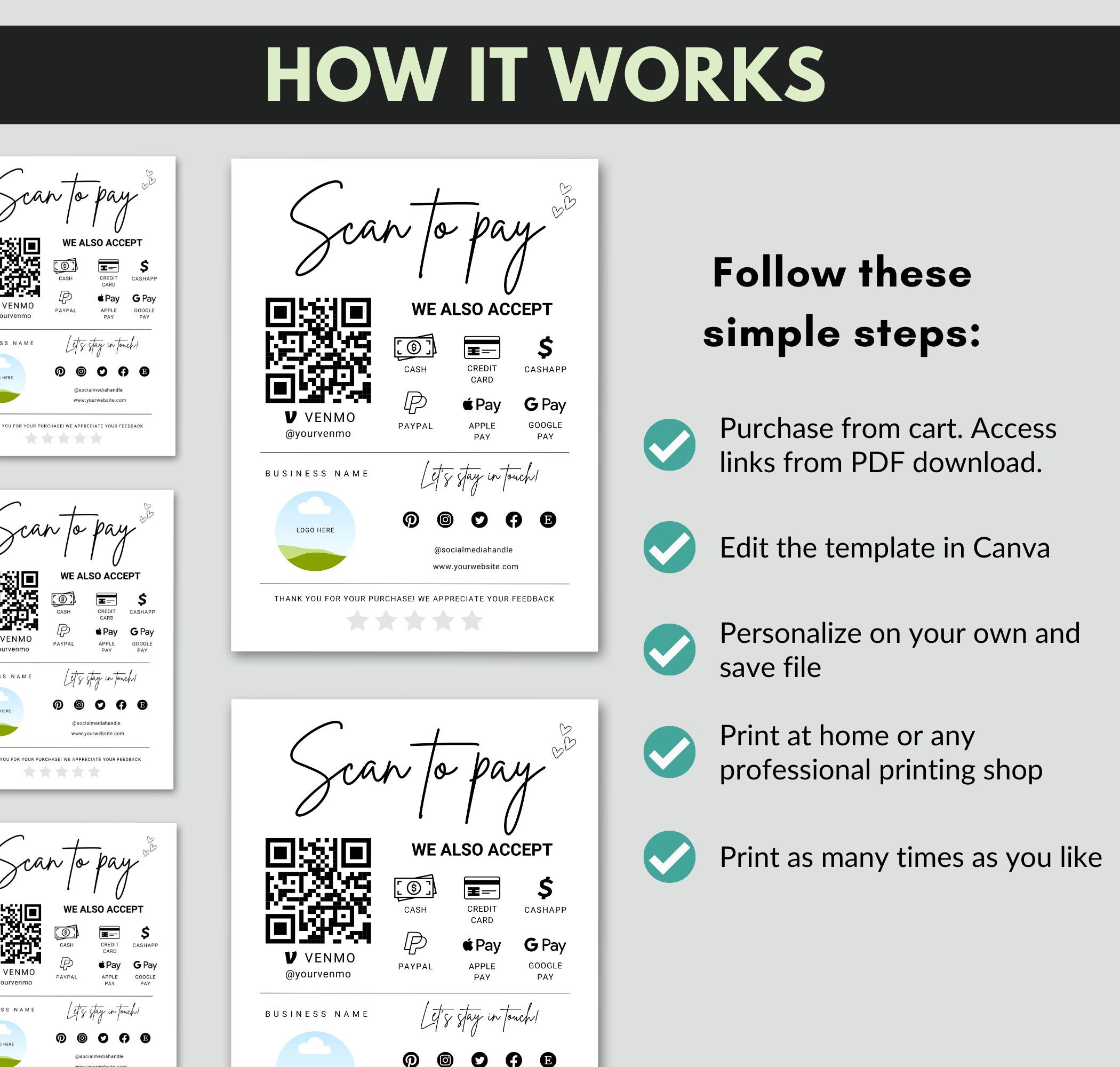Scan to Pay Sign QR Code Payment Canva Template for Cash App, Paypal ...
