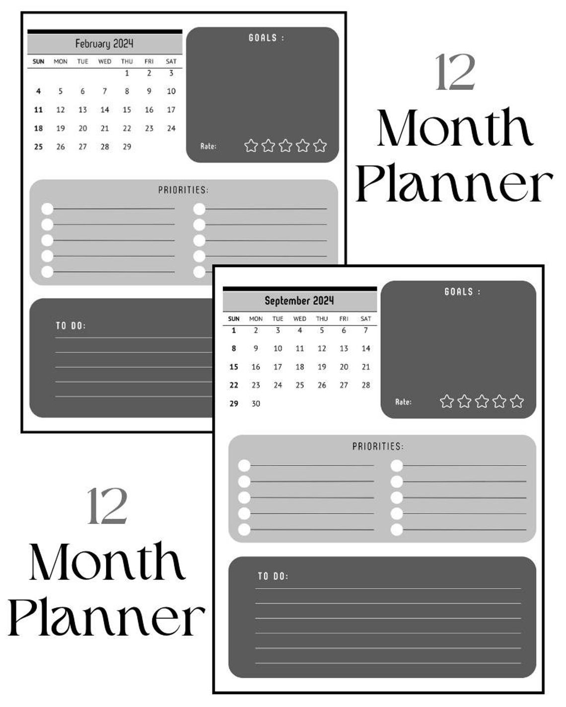 2024 Monthly Planner Printable, Editable 2024 Yearly Calendar - Etsy