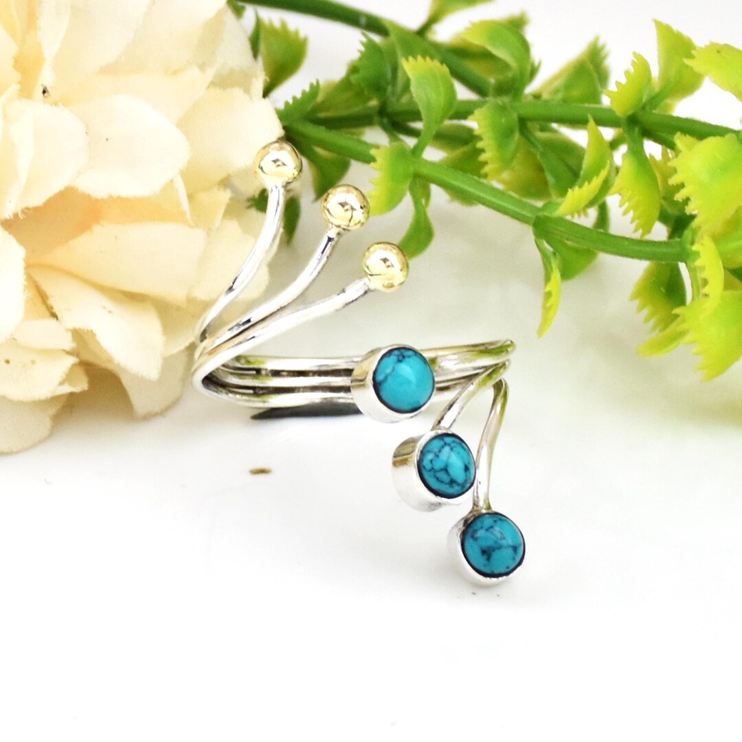 Blue Turquoise Triple Stone Ring: Handmade 925 Sterling Silver ...