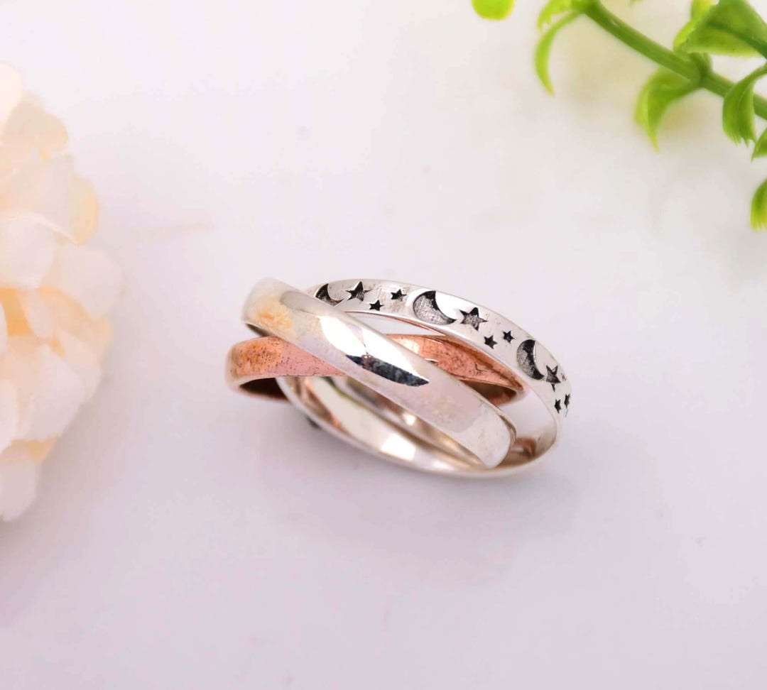 925 Silver Three Band Ring 3 Rolling Ring, Interlocked Ring 6 MM Band Ring, Two Tone Ring ...