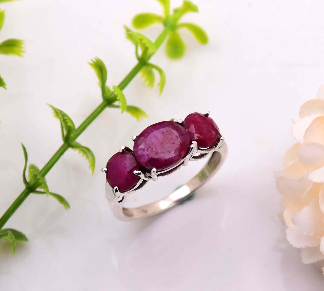 Indian Ruby Ring, 925 Sterling Silver Tripled Stone Ring Prongs Ring ...