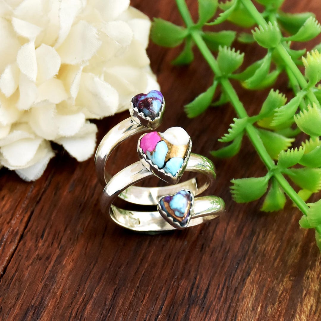 Cotton Candy Turquoise Triple Heart Ring, 925 Sterling Silver Bypass ...