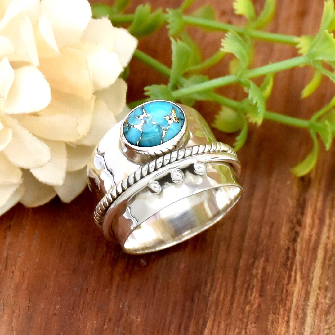 Blau Türkis Kupfer Ring, Spinner Ring, 925 Sterling Silber Ring ...