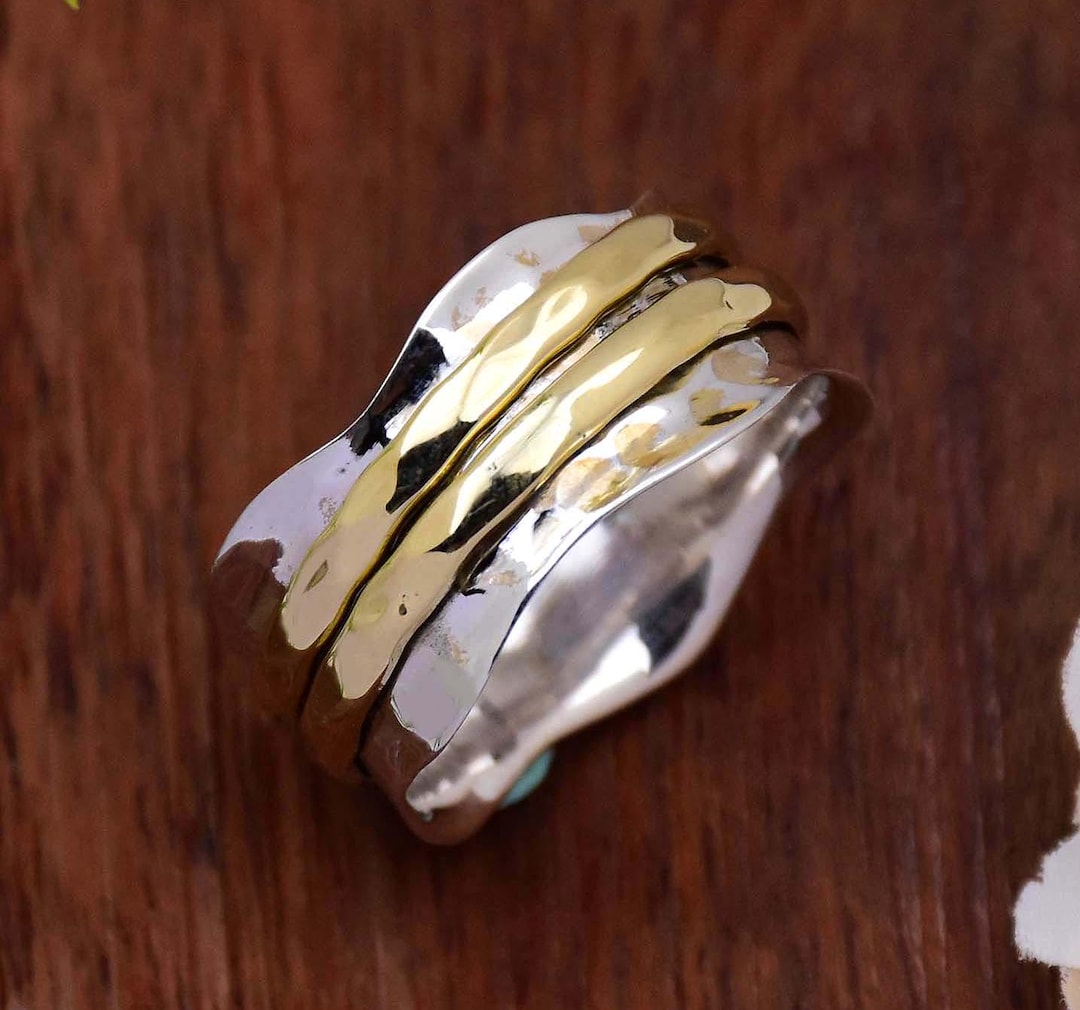 Sterling Silver Spinner Ring: Two Tone Meditation Band, Hammered Zigzag ...