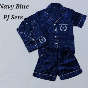 Navy Blue Color Pj's,dark Blue Pajamas,personalized Satin Pjs ...