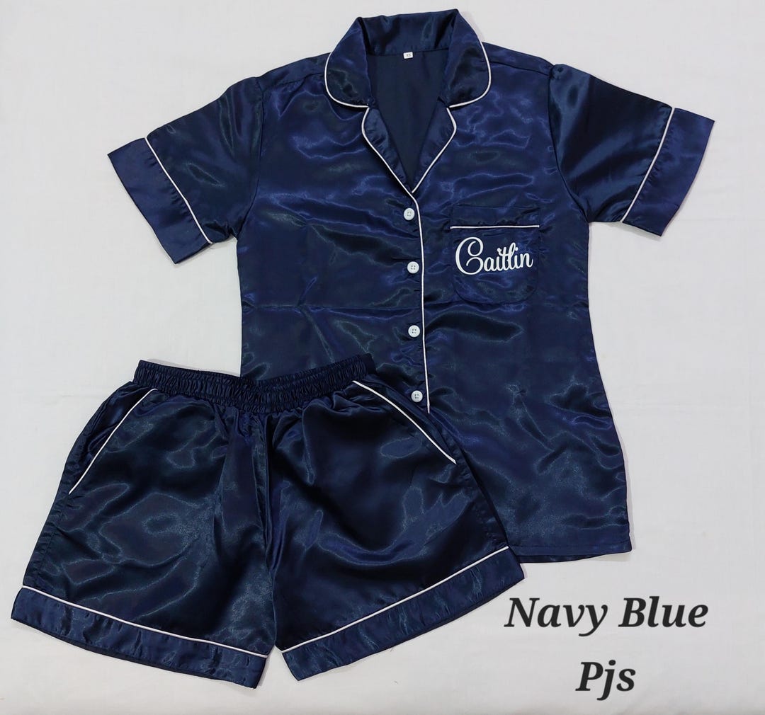 Navy Blue Color Pj's,dark Blue Pajamas,personalized Satin Pjs ...