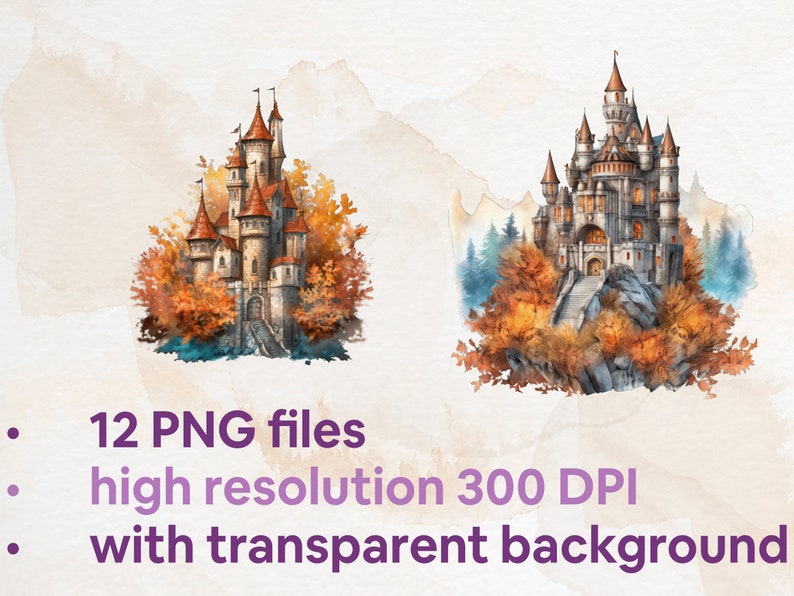 12 Fairytale Medieval Castles Fall Clipart Collection Watercolor Castle ...