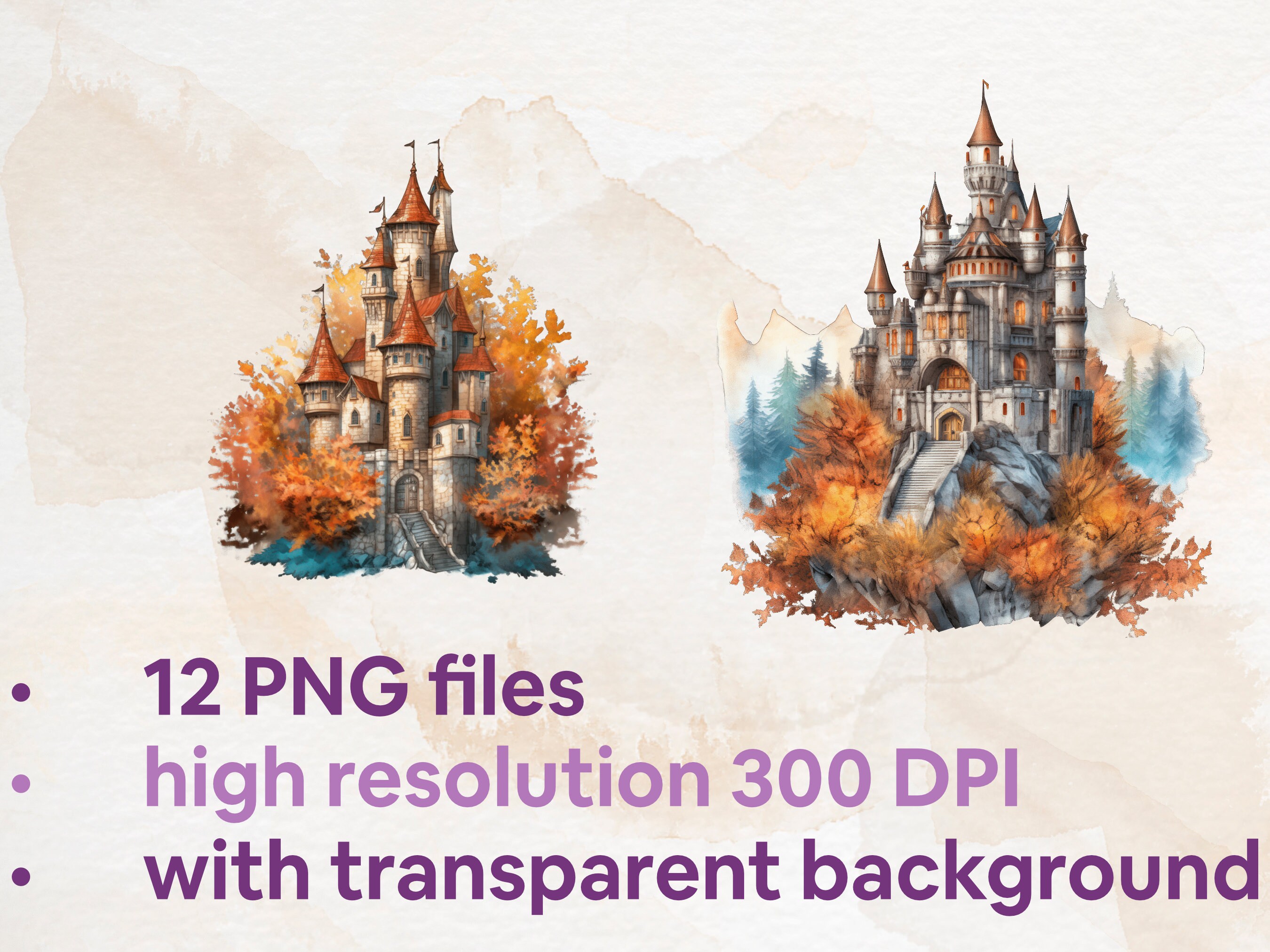 12 Fairytale Medieval Castles Fall Clipart Collection Watercolor Castle ...