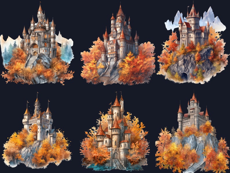 12 Fairytale Medieval Castles Fall Clipart Collection Watercolor Castle ...