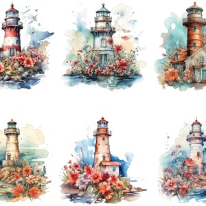 18 PNG Watercolor Lighthouses Clipart, Floral Ocean Cute Nautical Ocean ...
