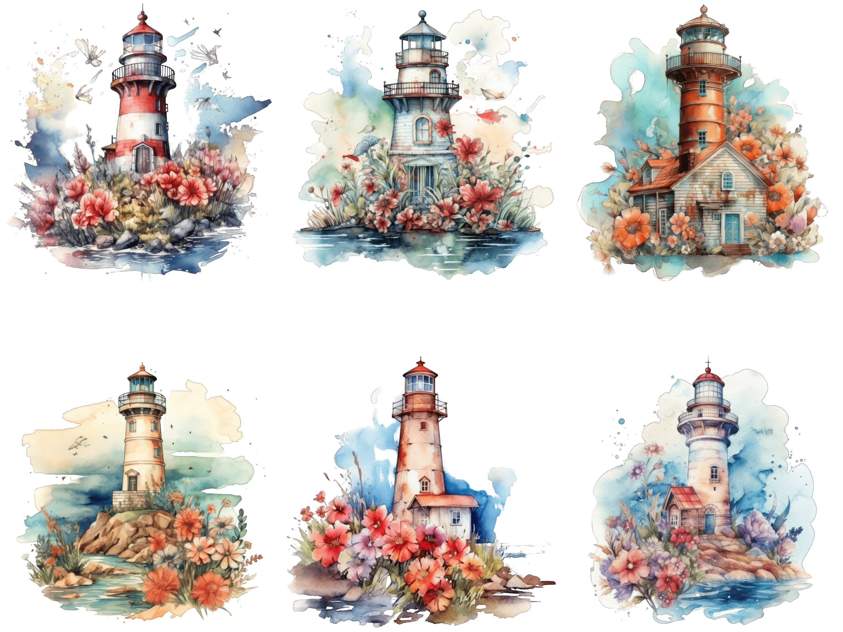18 PNG Watercolor Lighthouses Clipart Floral Ocean Cute - Etsy
