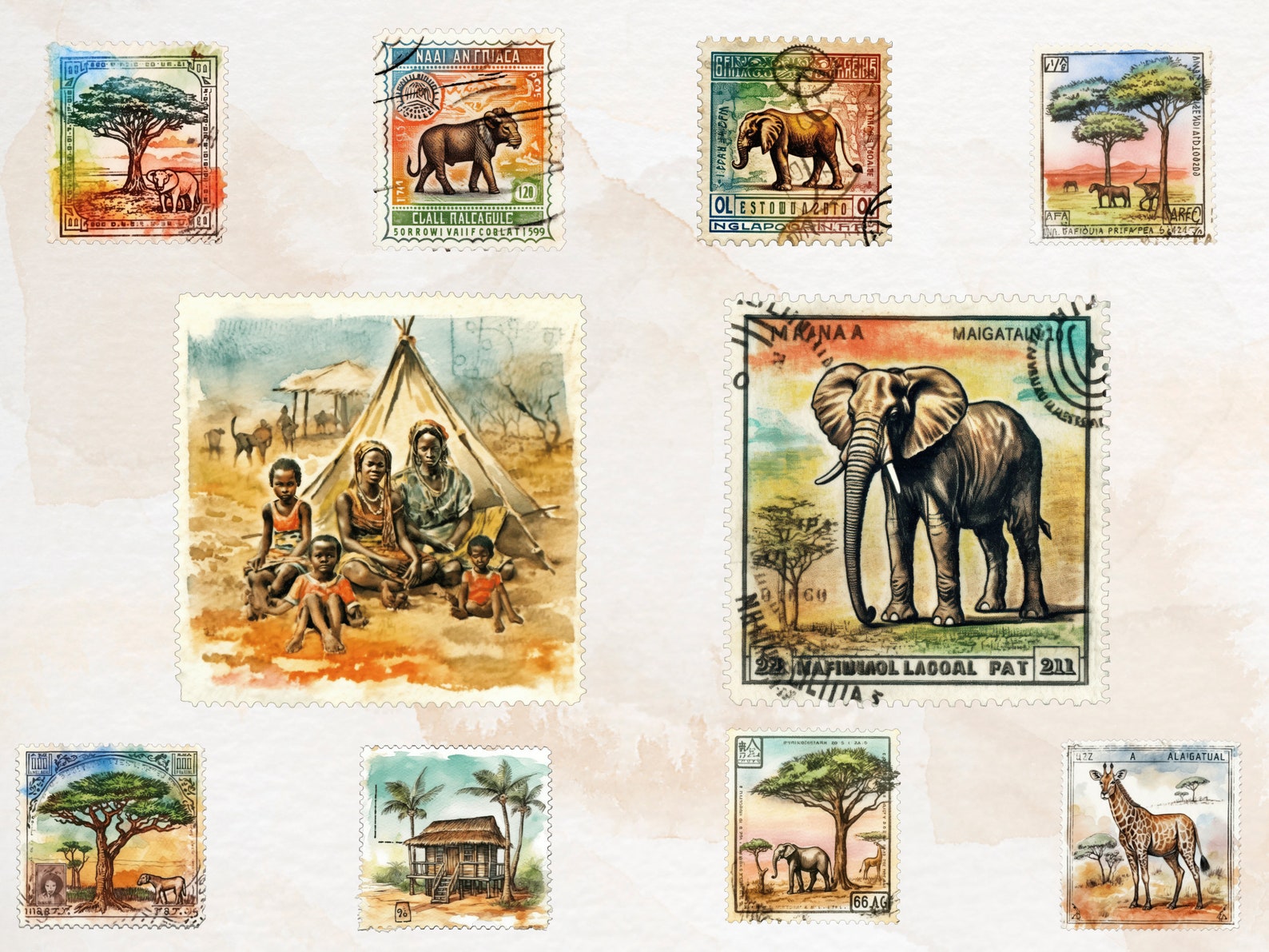 20 PNG Watercolor African Postage Stamps Clipart Faux Postage Stamps ...