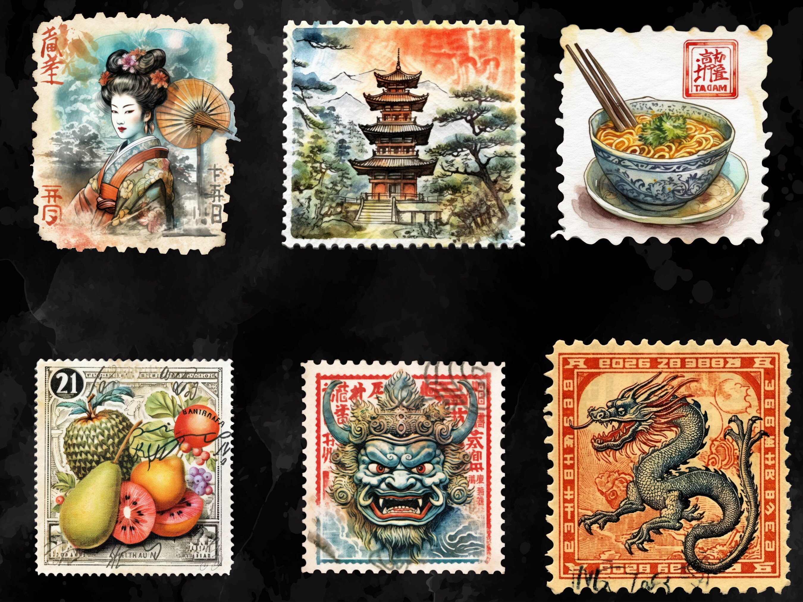 18 PNG Watercolor Asian Postage Stamps Clipart Faux Postage - Etsy