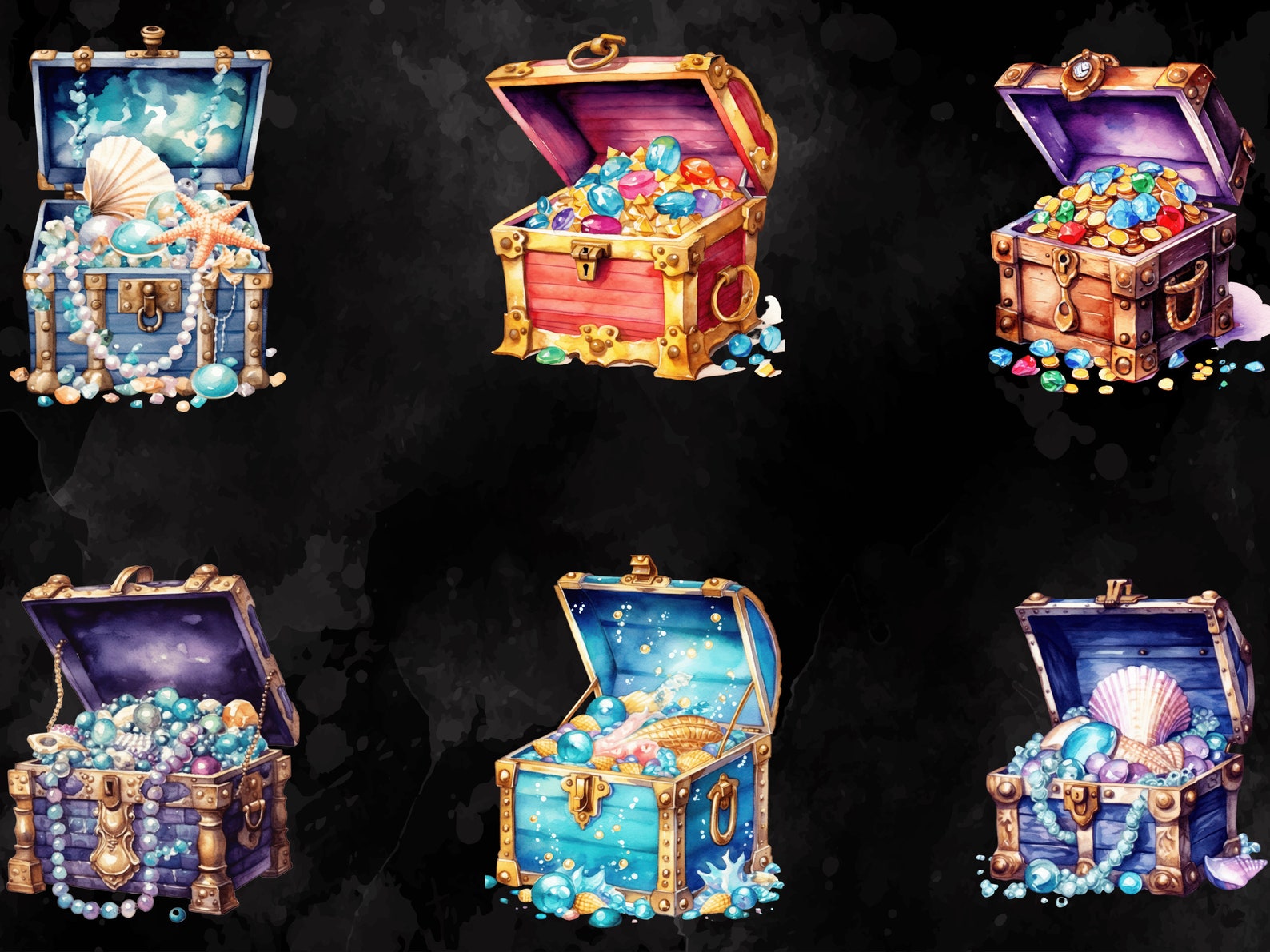 18 PNG Watercolor Treasure Chest Clipart Bundle, Pirate Clipart, Ocean ...