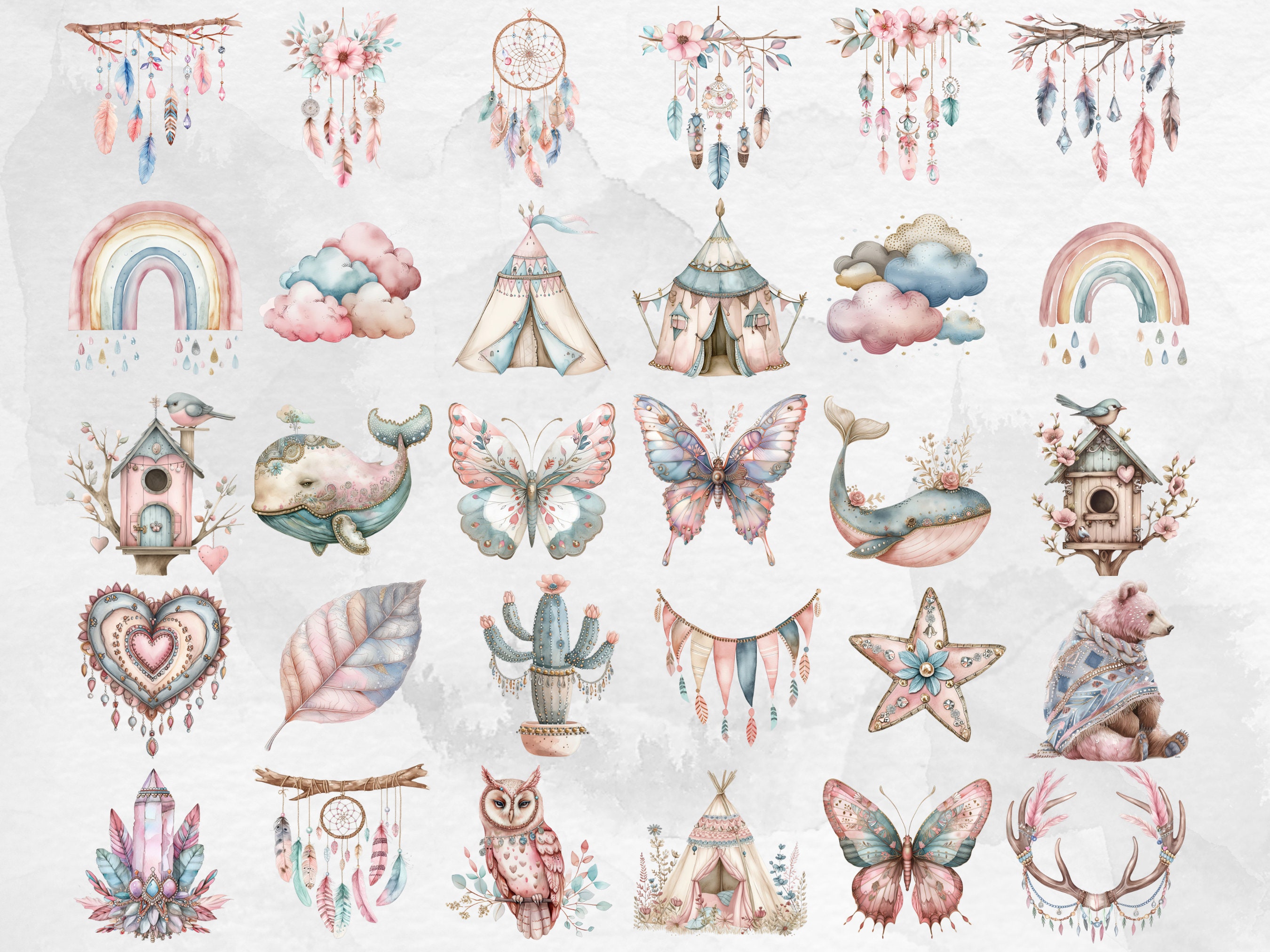 53 PNG Watercolor Boho Clipart Bohemian PNG, Boho Rainbow Pampas Gras ...