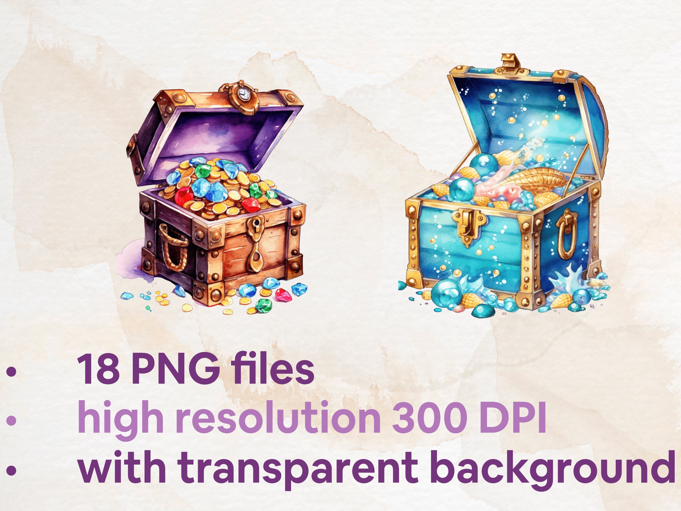 18 PNG Watercolor Treasure Chest Clipart Bundle, Pirate Clipart, Ocean ...