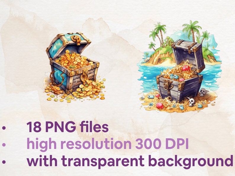 18 PNG Watercolor Treasure Chest Clipart Bundle Pirate - Etsy