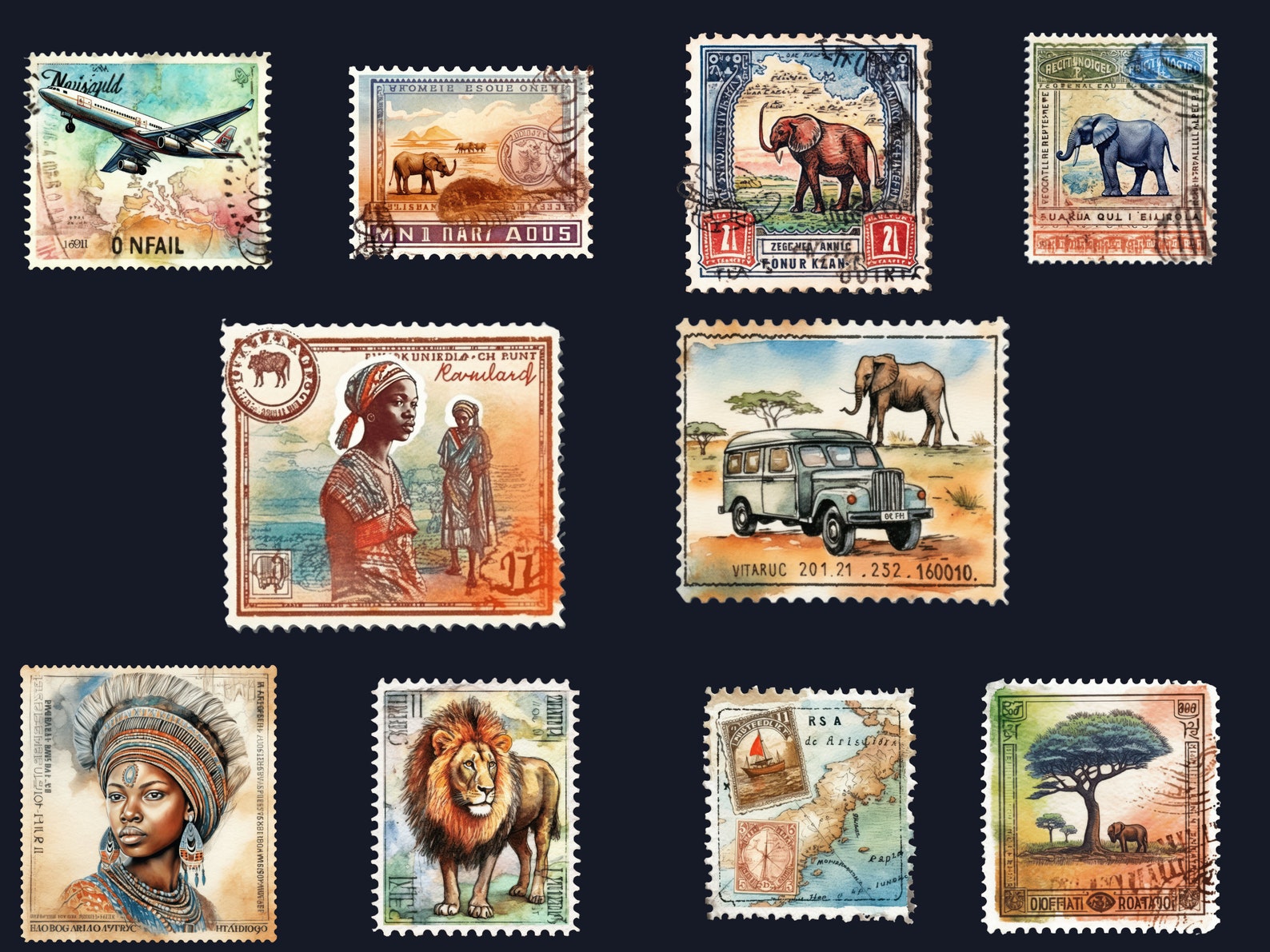20 PNG Watercolor African Postage Stamps Clipart Faux Postage Stamps ...