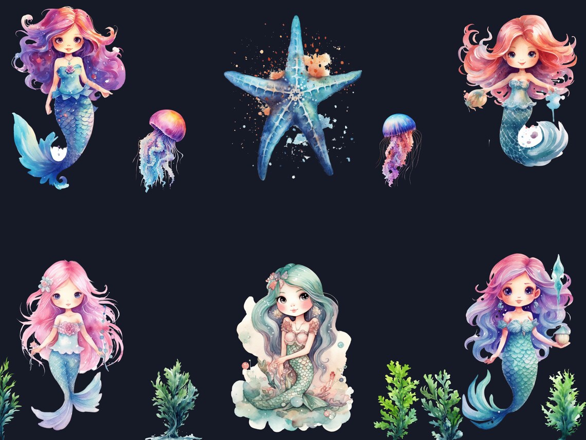 18 PNG Watercolor Elegant Mermaid Clipart, Mermaid Clip Art, Royal ...